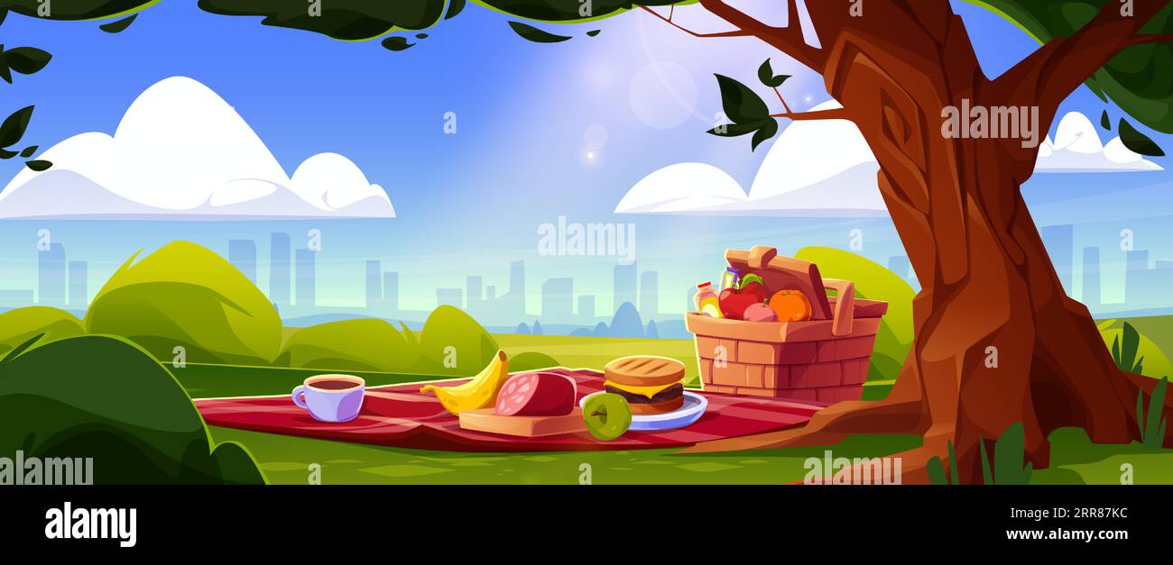 Picnic basket in city park near tree cartoon background. Outdoor summer ...