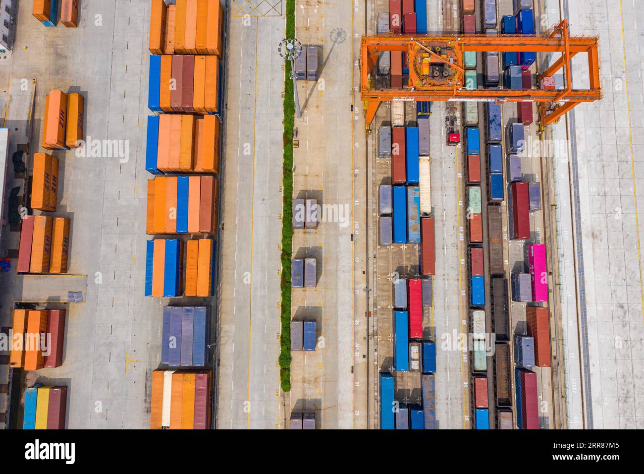 Aerial photo shows the railway inland port in Zhengzhou City, central ...
