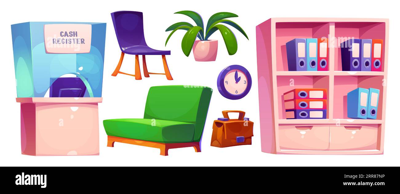 Bank interior furniture and equipment set. Cartoon vector cash register ...