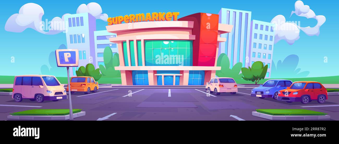 Car parking exterior near supermarket building vector. Front shop ...