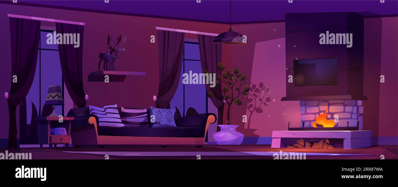 Living room interior with fireplace at night. Cartoon vector ...