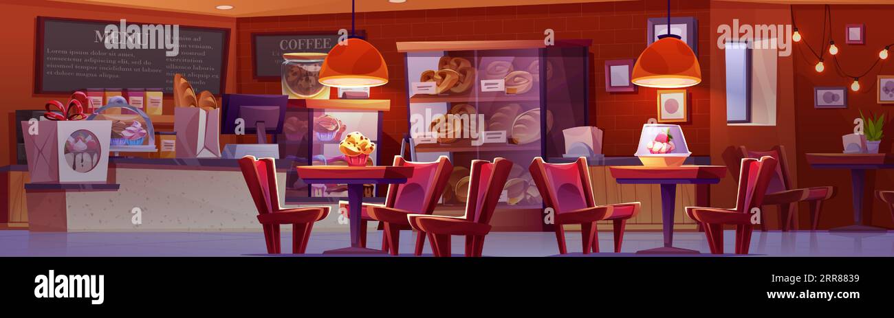 Bakery shop interior with counter cartoon vector. Cafe bar with bread ...