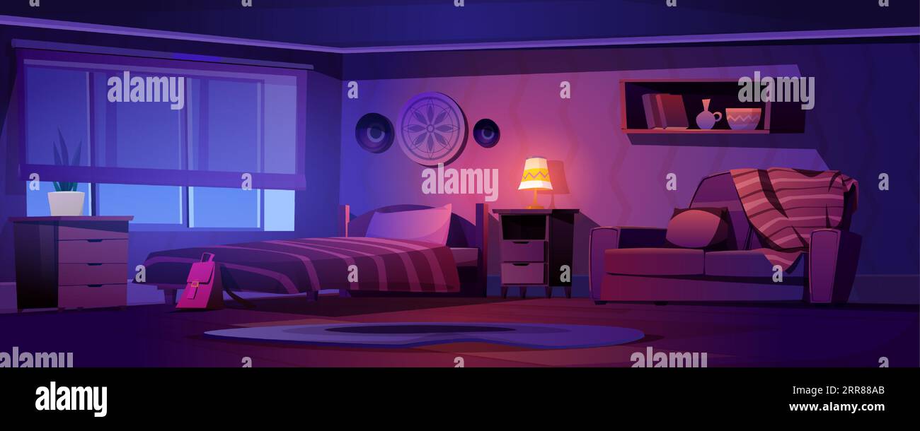 Night bedroom interior with bed and couch cartoon background. Cozy home ...