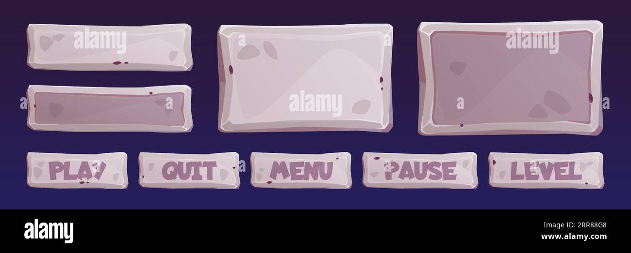 Rock Frame Ui Board Button Stone Texture Game Interface Cartoon Vector Set Medieval Gui Plate