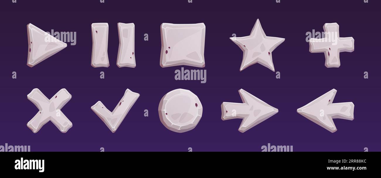 Ui stone texture game button frame cartoon vector set. Medieval interface board element kit for ...
