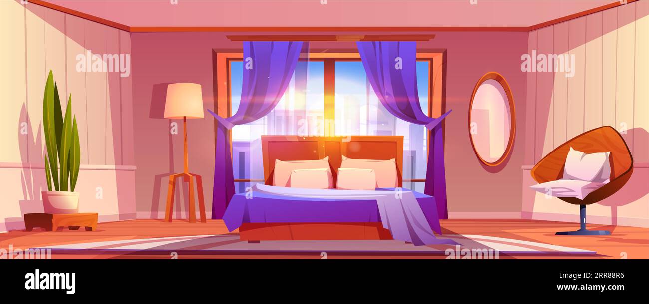Bedroom interior with double bed. Cartoon cozy room filled with ...