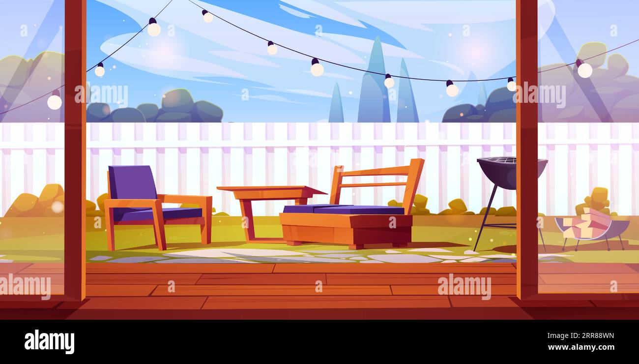 House backyard garden with fence cartoon vector. Summer outdoor patio ...
