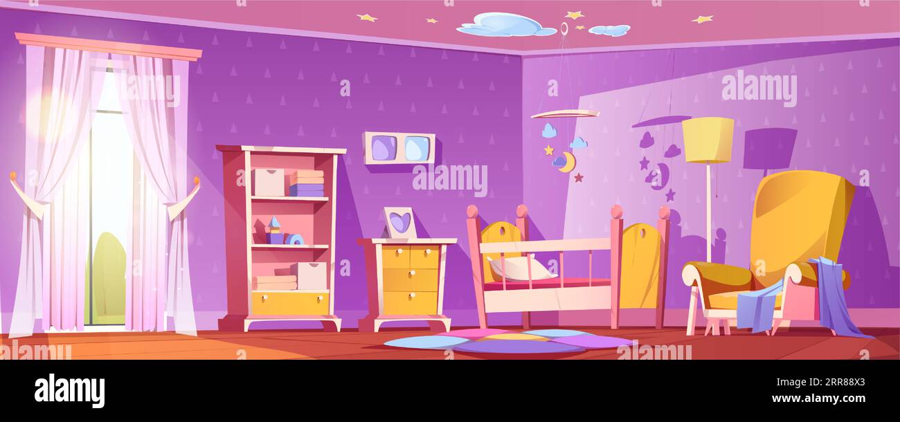 Nursery baby room interior with child bed and toy furniture. Childish ...