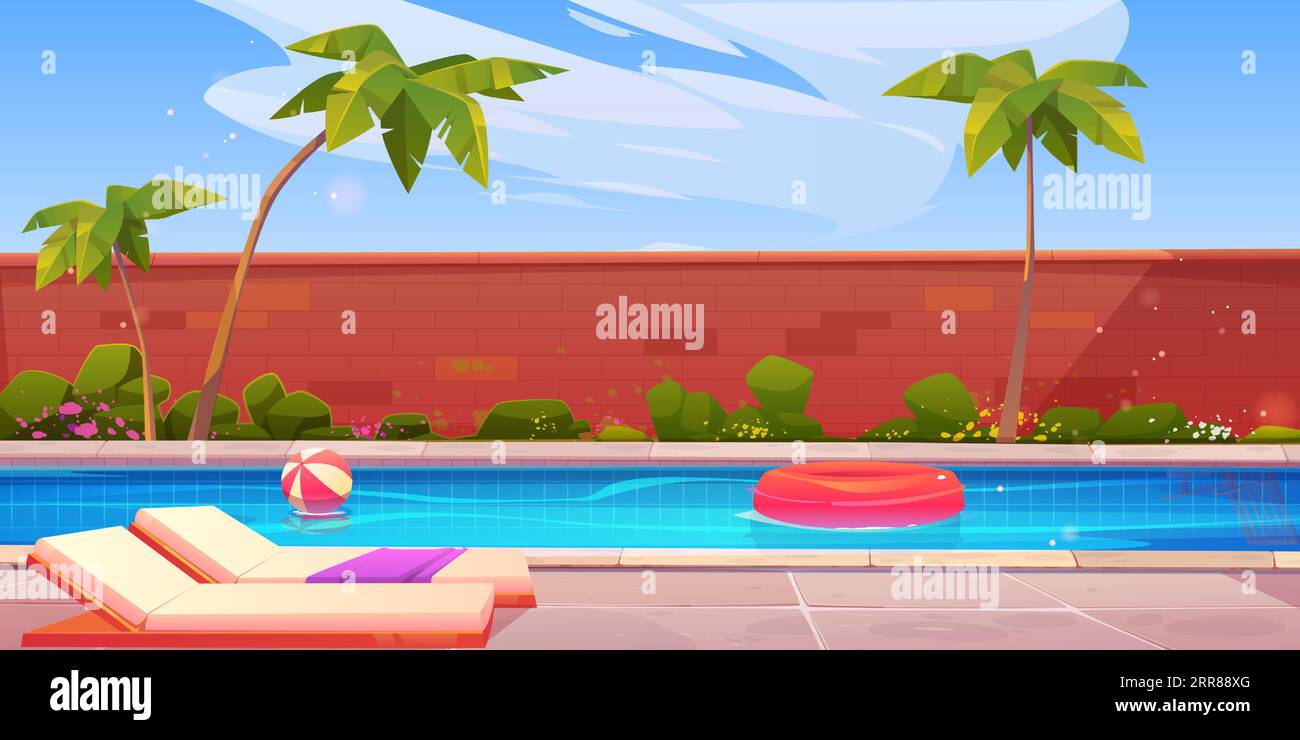House backyard with swimming pool vector illustration. Villa poolside for summer vacation with ...