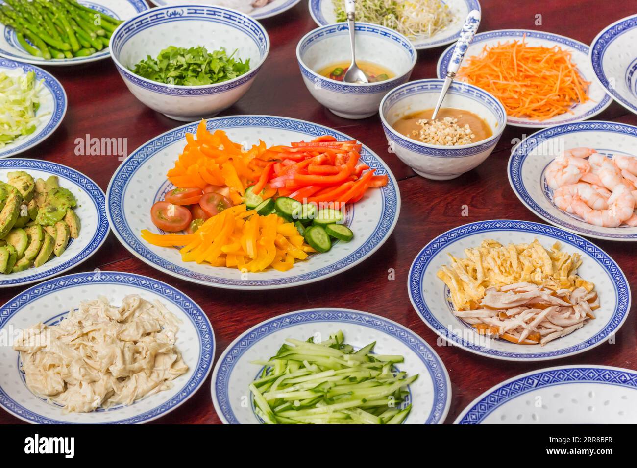 Vegetables, tofu, prawns and sauces for traditional vietnamese cooking ...