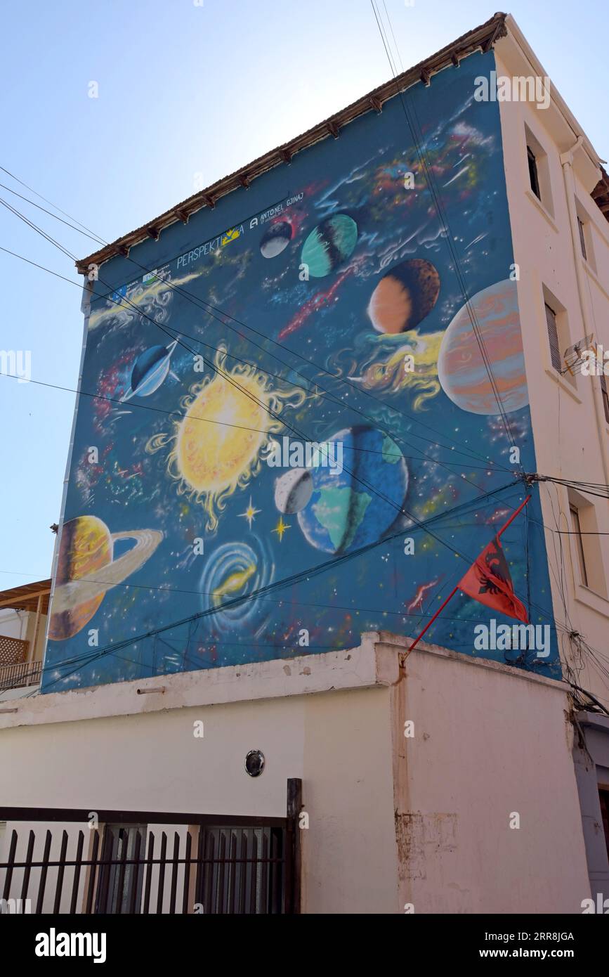 Street art murals on an apartment building in Durres, Albania Stock ...