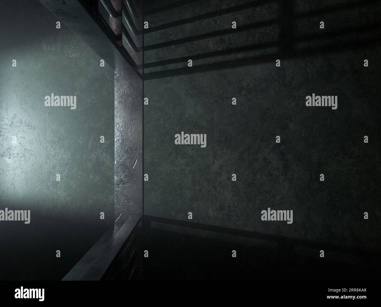 A closeup of a spolight behind jail cells iron bars casting shadows on the concrete prison floor ...