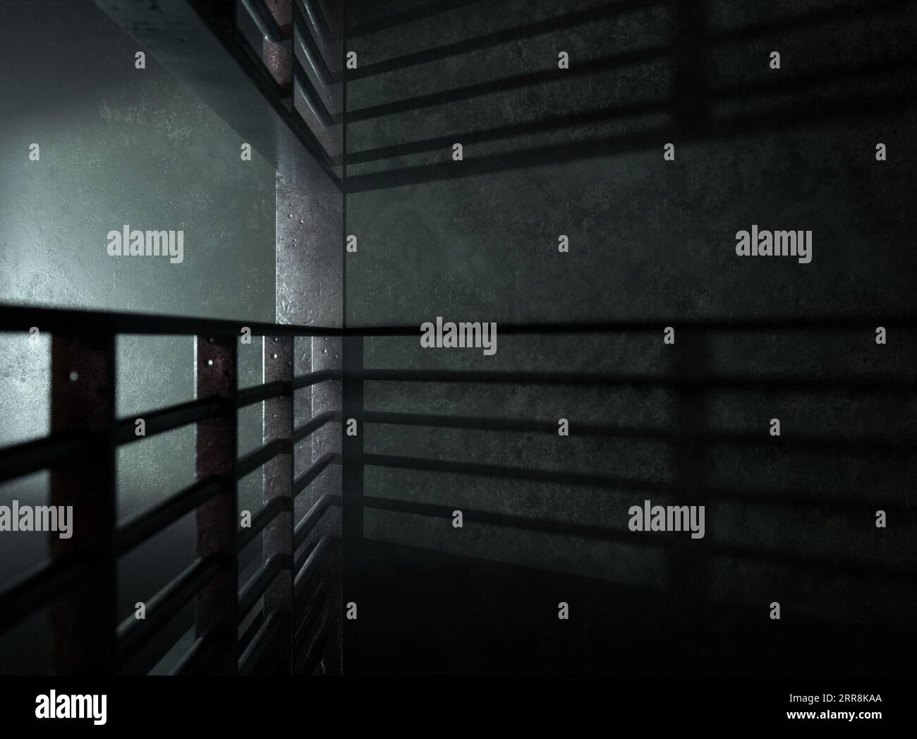 A closeup of a spolight behind jail cells iron bars casting shadows on the concrete prison floor ...