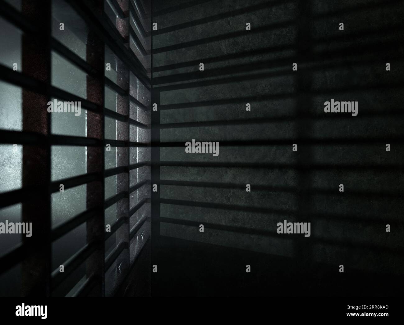 A closeup of a spolight behind jail cells iron bars casting shadows on the concrete prison floor ...