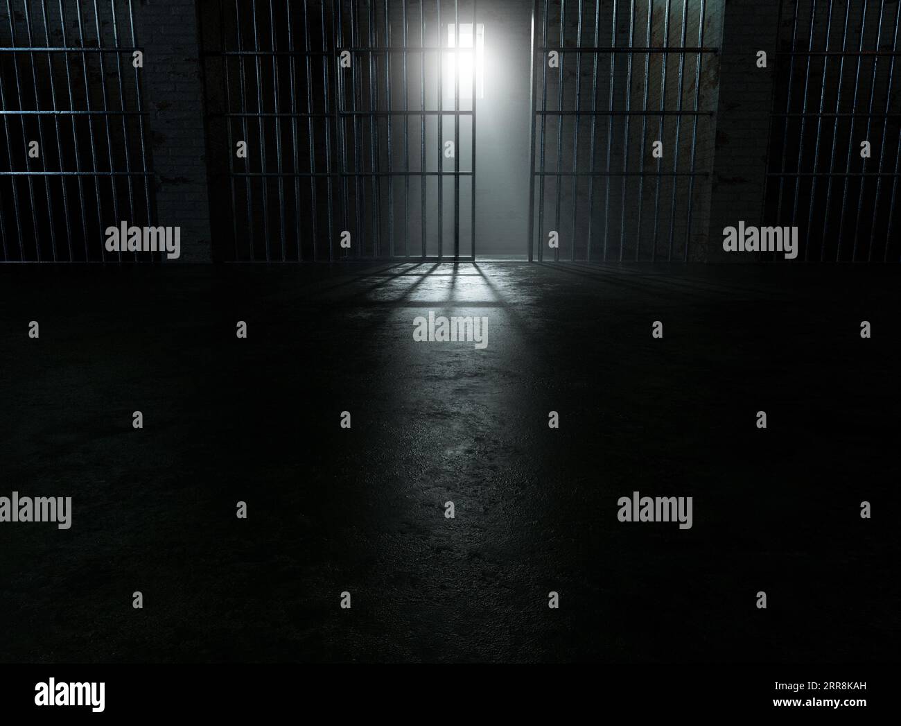 A closeup of a spolight behind jail cells iron bars casting shadows on ...
