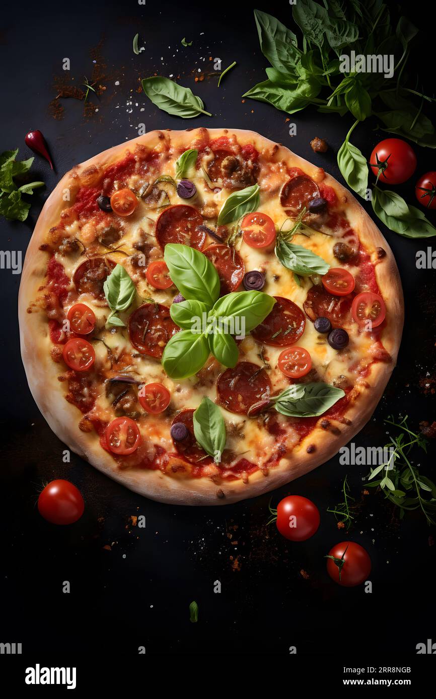 Delicious homemade crusted Italian style pizza with meat, peperoni and ...