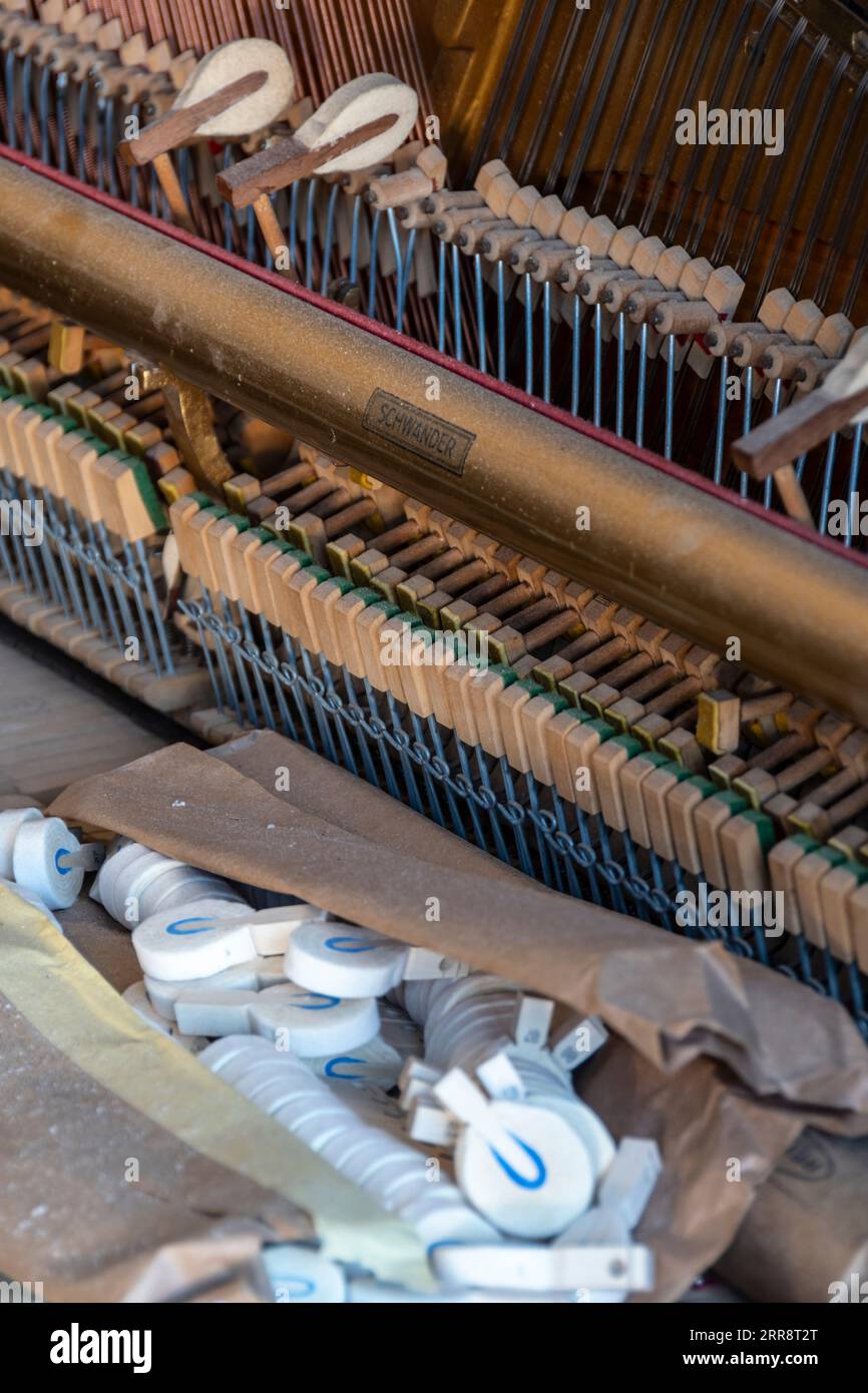 Interior of piano under repair Stock Photo - Alamy