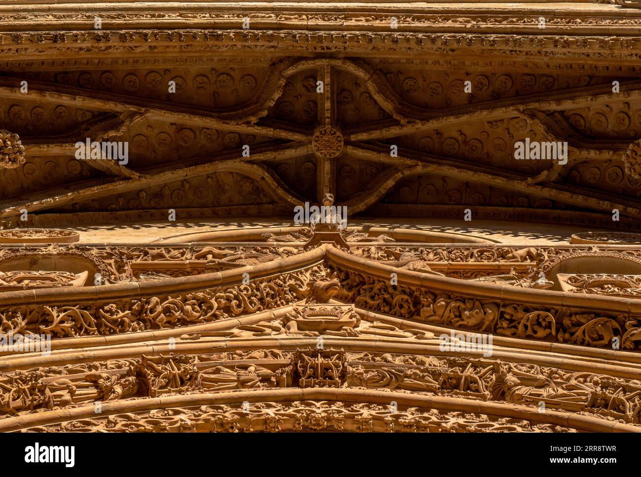 Detailed view from below of the ornaments on the cornice of the main ...