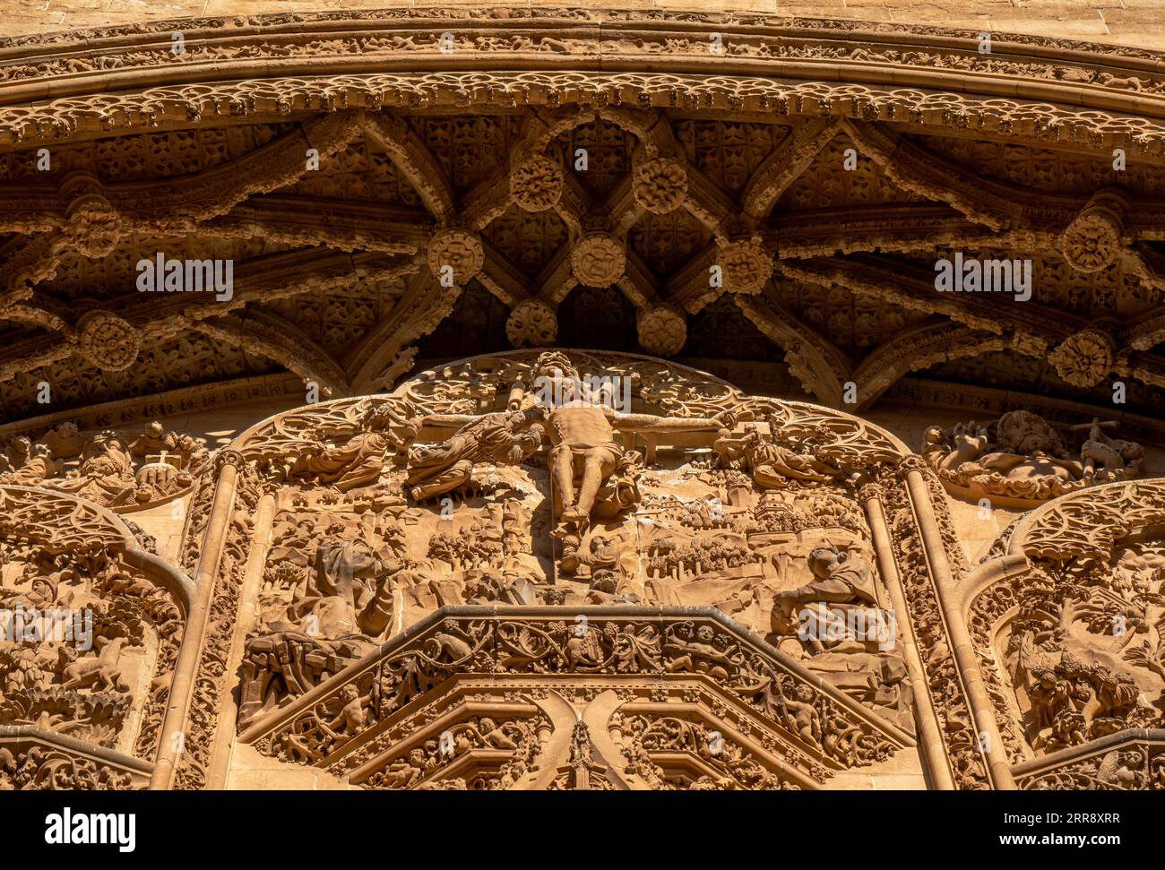 View from below of statue of Jesus Christ in bas-relief and the ...