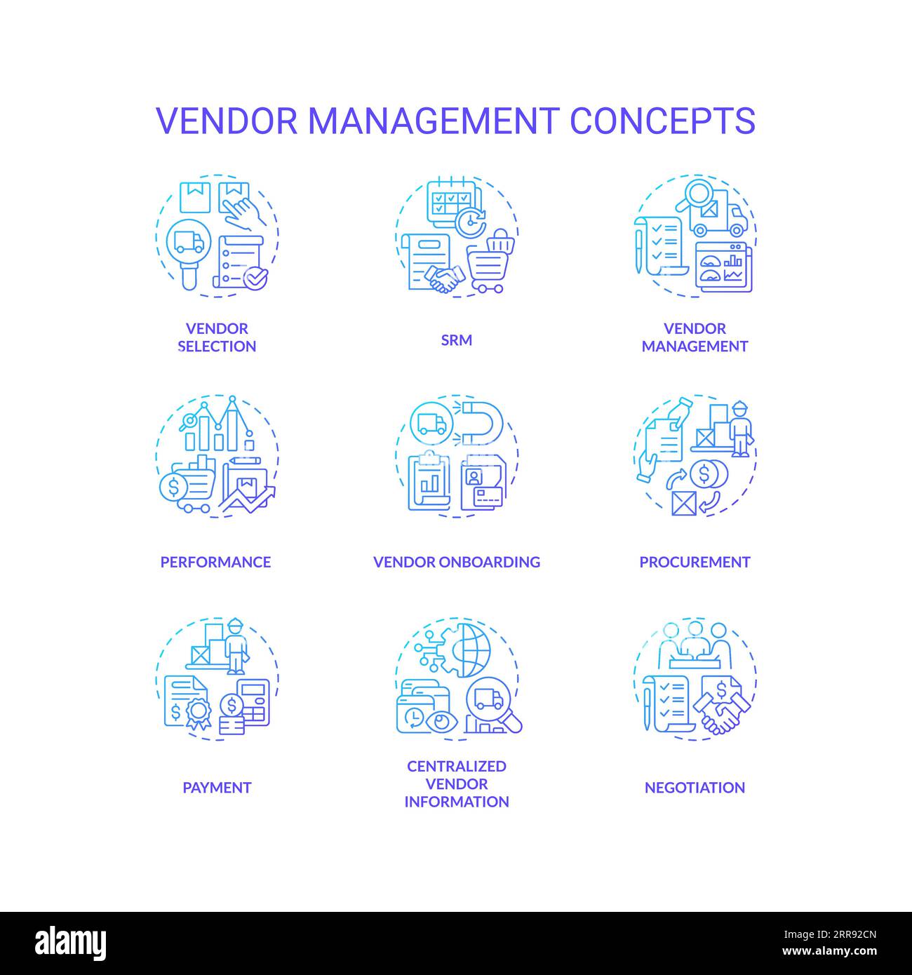 Gradient line icons representing vendor management concepts Stock ...