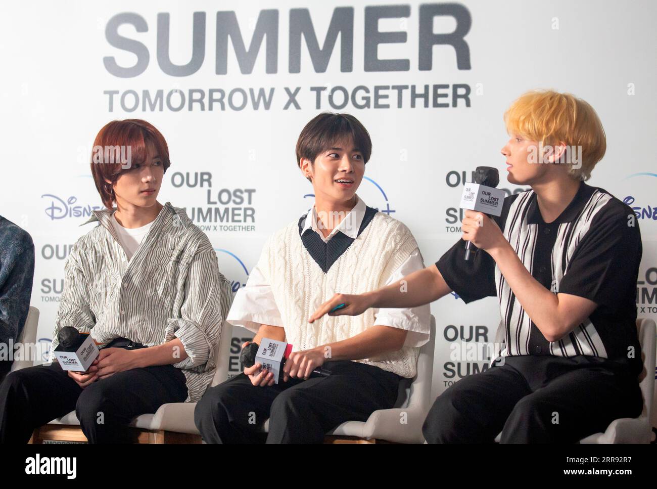(L-R) Beomgyu, Taehyun and HueningKai (TOMORROW X TOGETHER), July 26, 2023 : Members of South ...