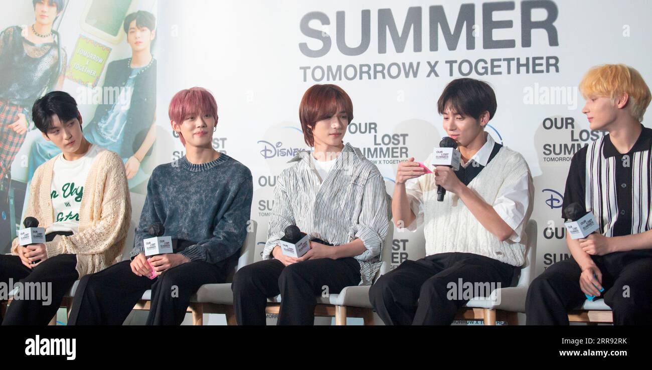 (L-R) Soobin, Yeonjun, Beomgyu, Taehyun and HueningKai (TOMORROW X TOGETHER), July 26, 2023 ...