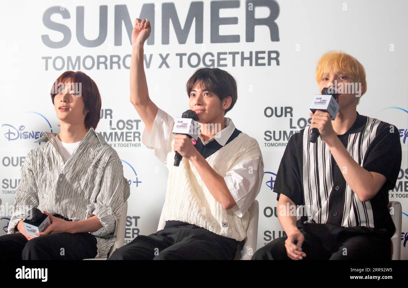 (L-R) Beomgyu, Taehyun and HueningKai (TOMORROW X TOGETHER), July 26, 2023 : Members of South ...