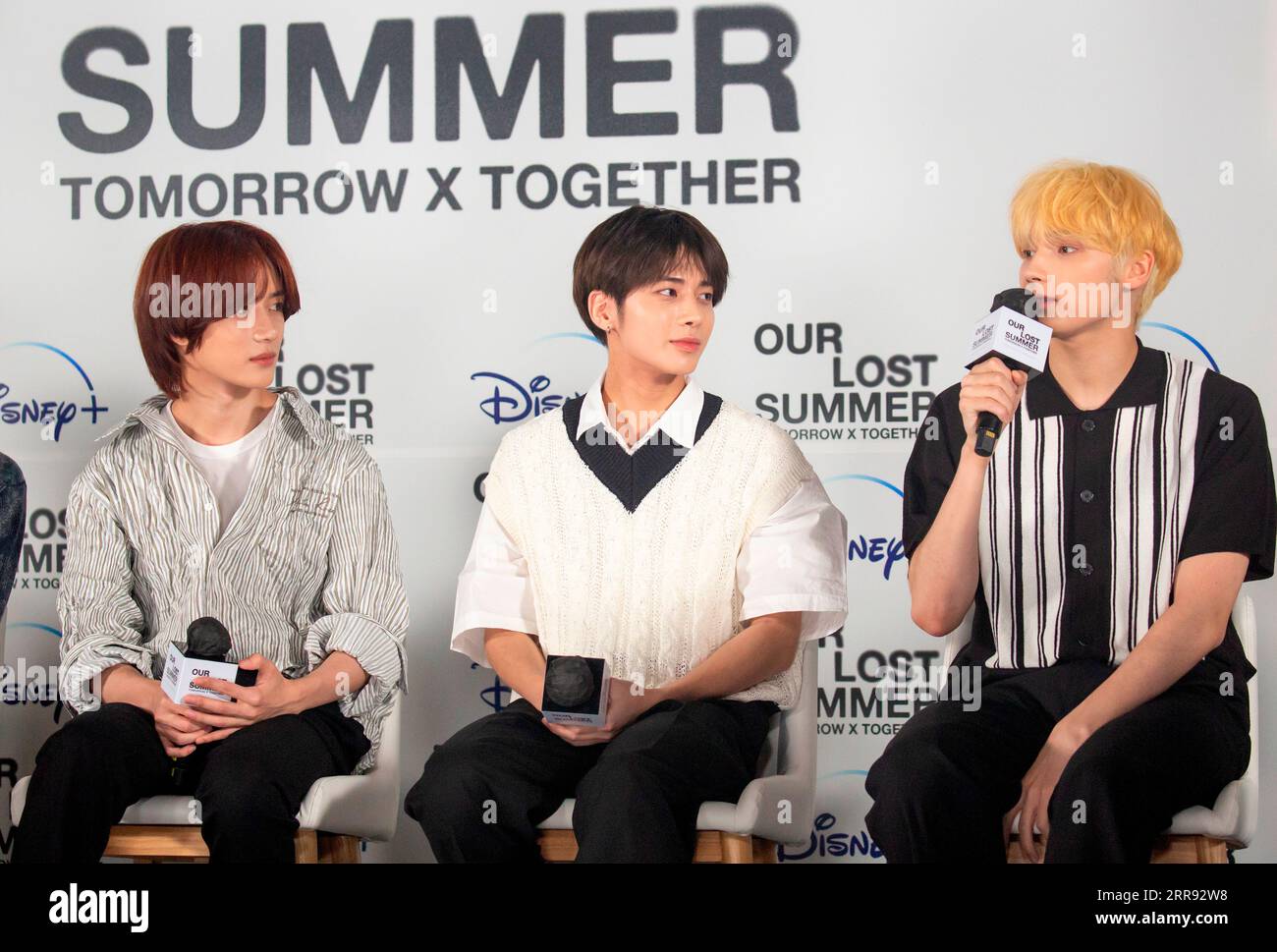 (L-R) Beomgyu, Taehyun and HueningKai (TOMORROW X TOGETHER), July 26, 2023 : Members of South ...
