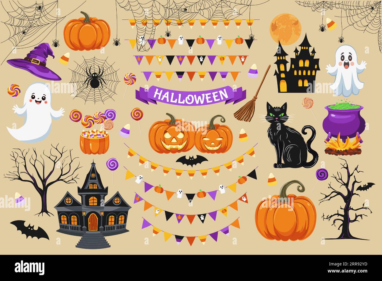 Halloween symbols. jack o lantern haunted house black cat witch hat ...