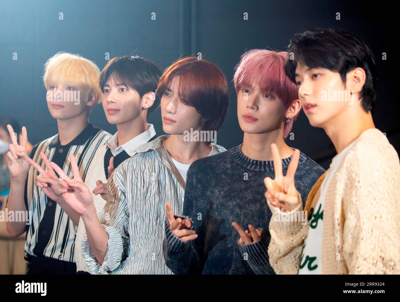 (L-R) HueningKai, Taehyun, Beomgyu, Yeonjun and Soobin (TOMORROW X TOGETHER), July 26, 2023 ...