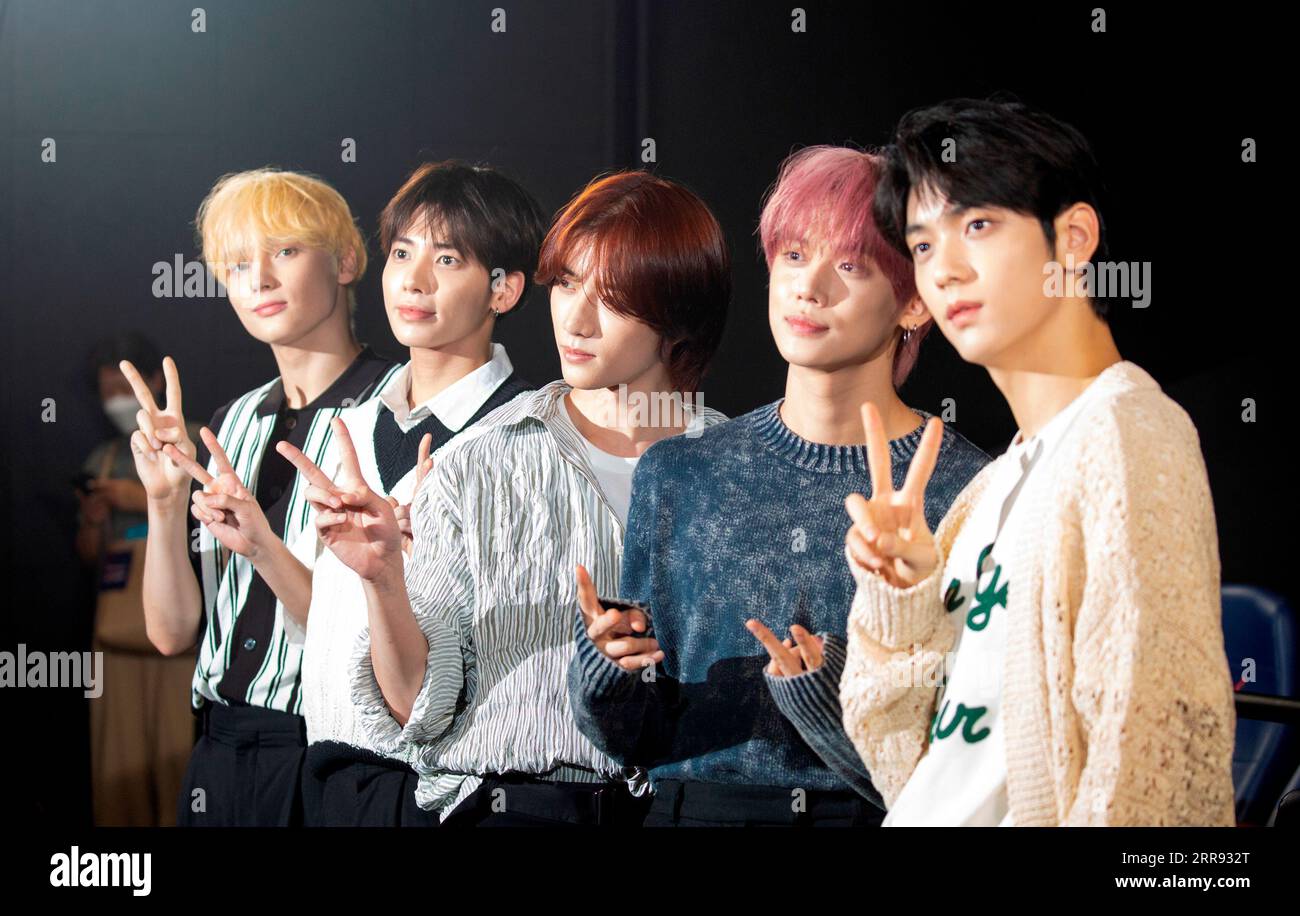 (L-R) HueningKai, Taehyun, Beomgyu, Yeonjun and Soobin (TOMORROW X TOGETHER), July 26, 2023 ...