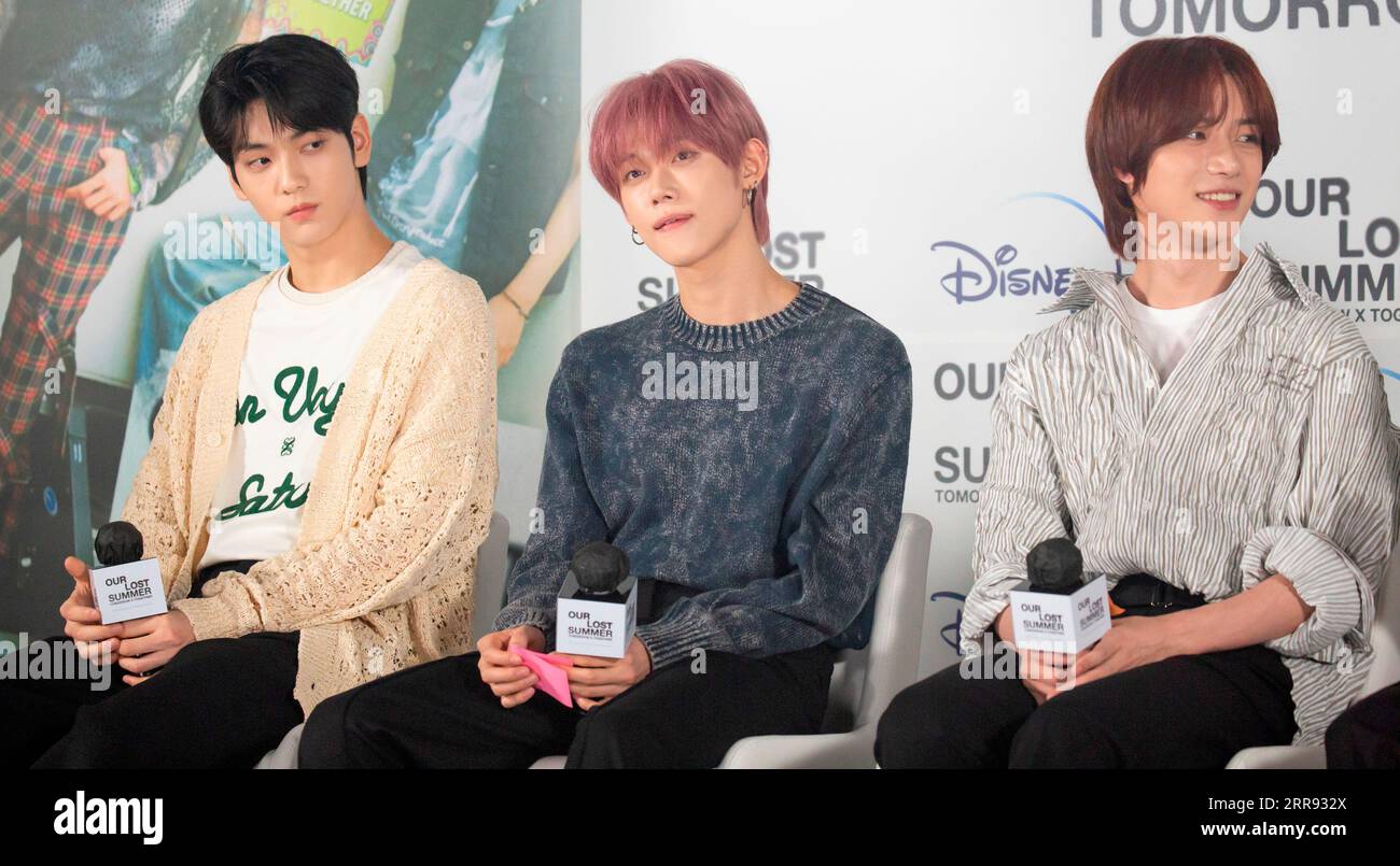 (L-R) Soobin, Yeonjun and Beomgyu (TOMORROW X TOGETHER), July 26, 2023 : Members of South Korean ...