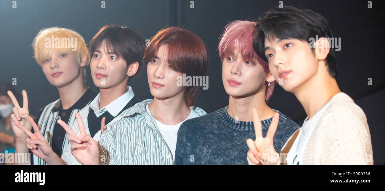 (L-R) HueningKai, Taehyun, Beomgyu, Yeonjun and Soobin (TOMORROW X TOGETHER), July 26, 2023 ...