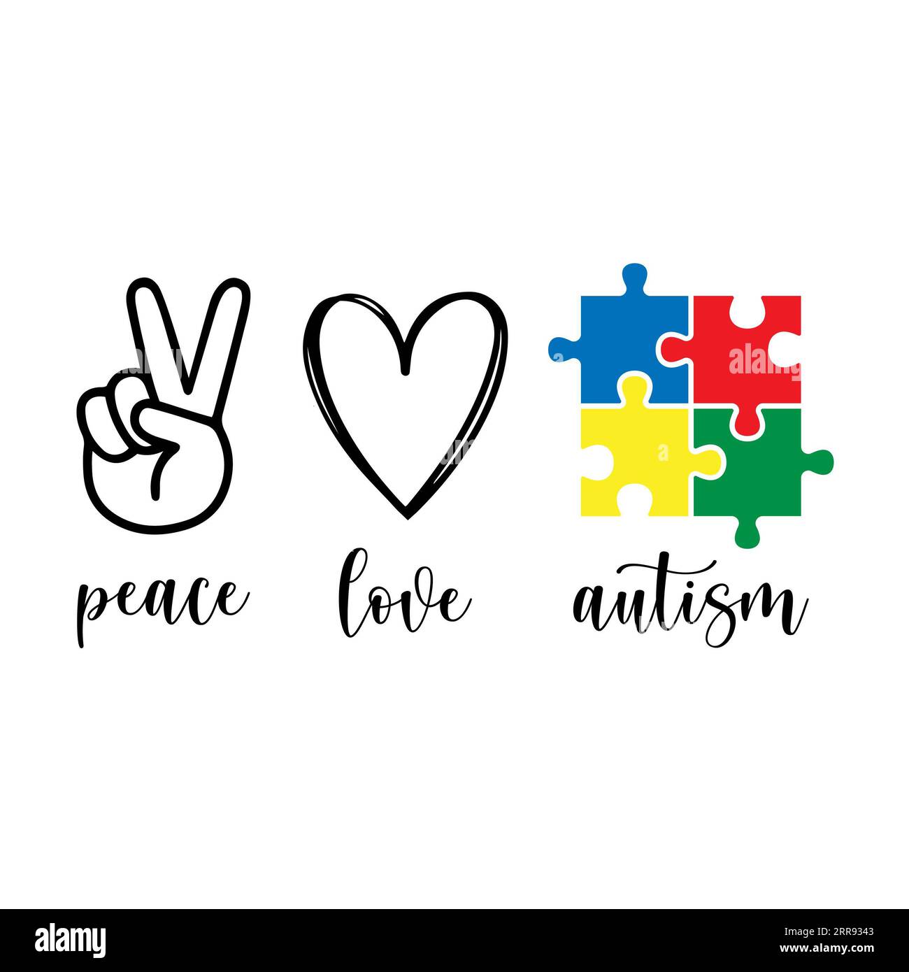 Peace, love, autism colorful jigsaw puzzle on white background ...