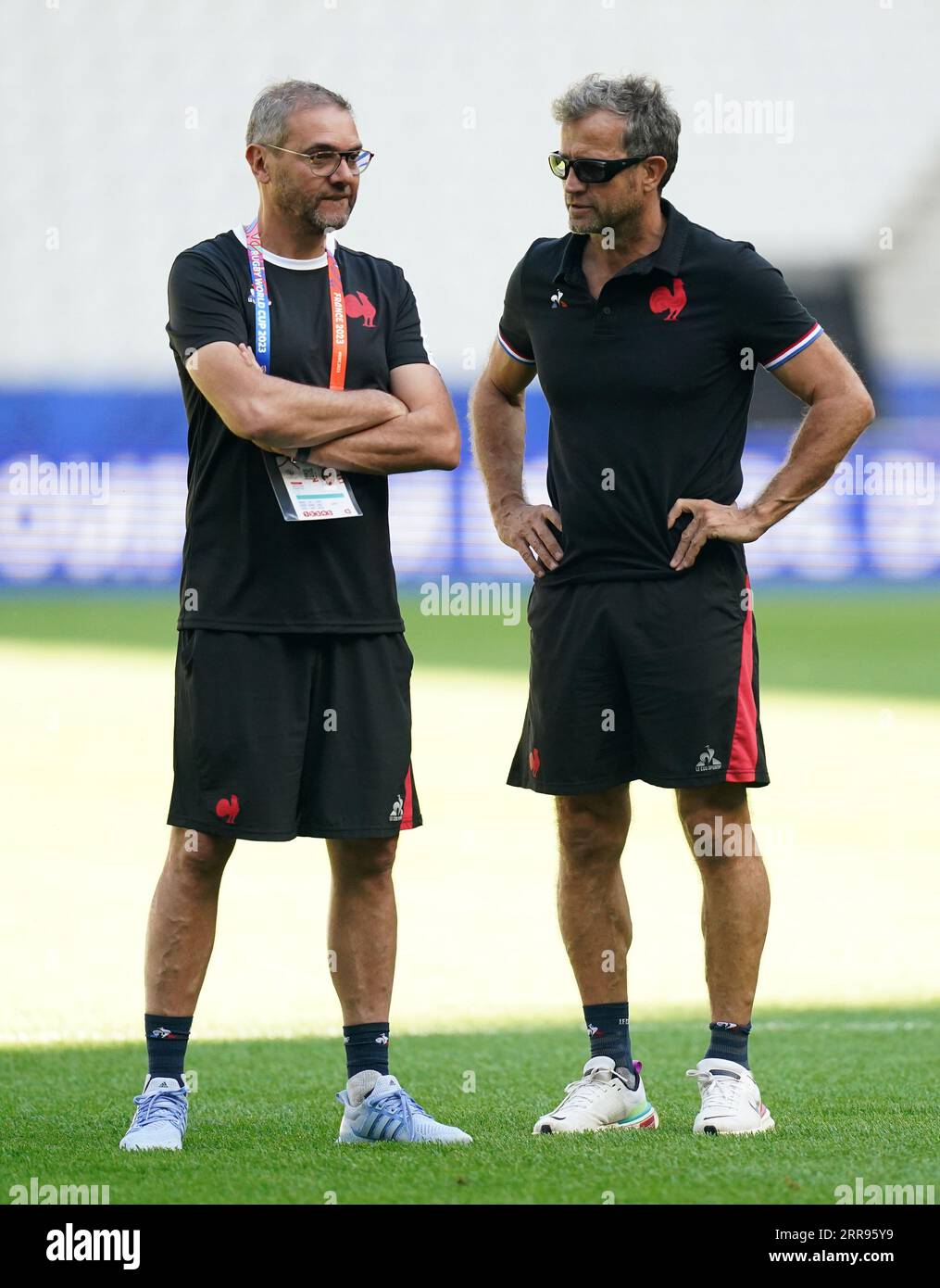 France head coach Fabien Galthie (right) and assistant Jerome Garces ...
