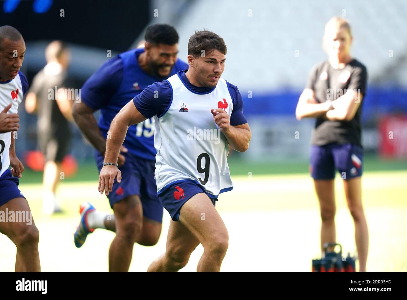 France's Antoine Dupont during the team run at the Stade de France in ...