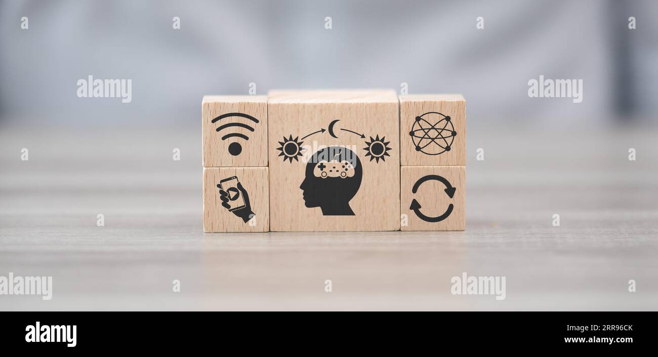 Wooden blocks with symbol of video game addiction concept Stock Photo ...