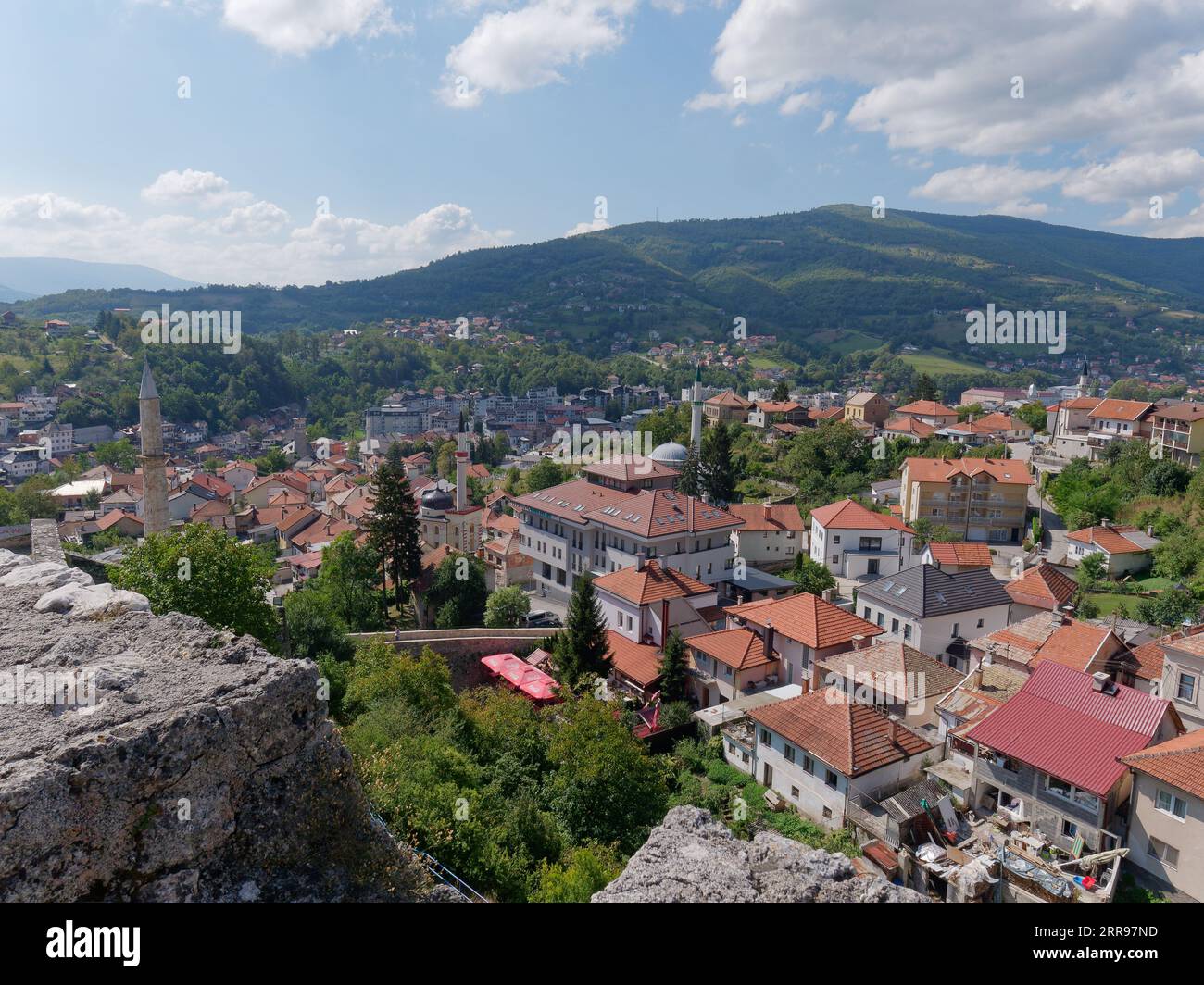 Stari Grad Castle (Old Town Castle) with view of the town of Travnik ...