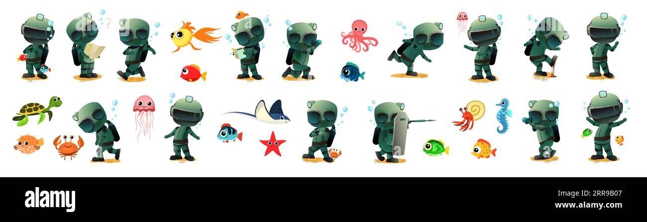 Underwater scuba diver at bottom of reservoir. set of characters and ...