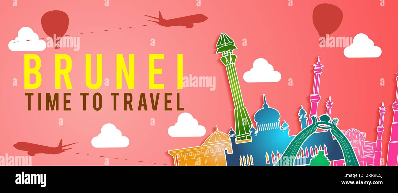 banner of Brunei famous landmark silhouette colorful style,plane and ...