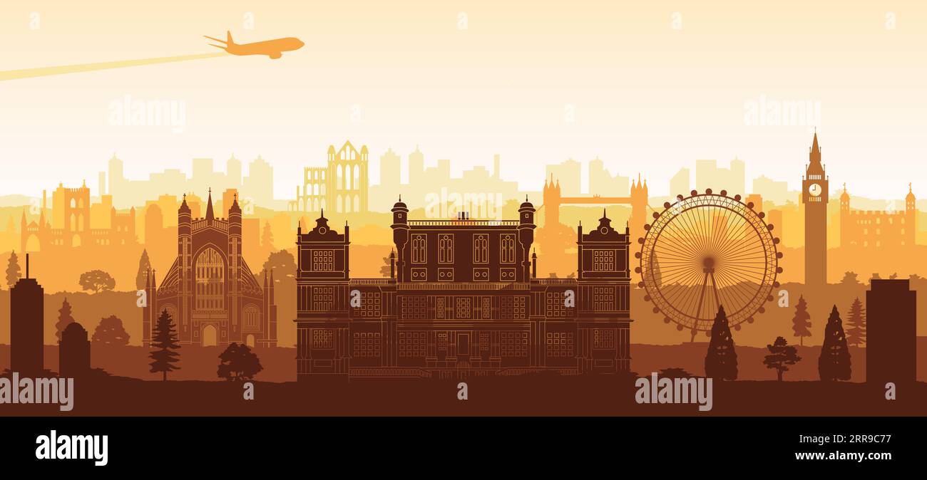 England famous landmarks silhouette style with yellow and white color ...