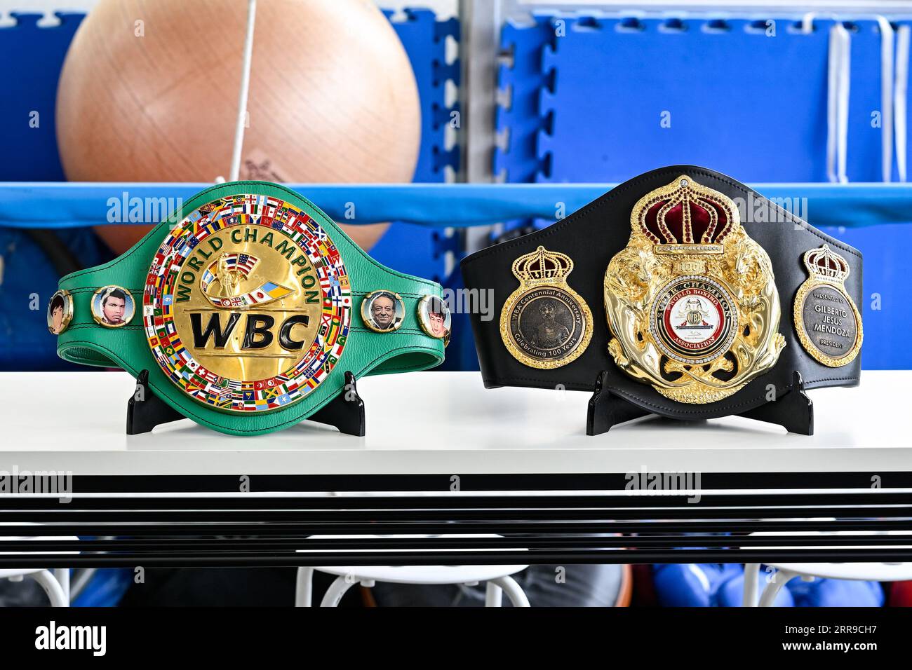 WBC Light Flyweight boxing championship belt (L) and WBA Super Light Flyweight boxing ...