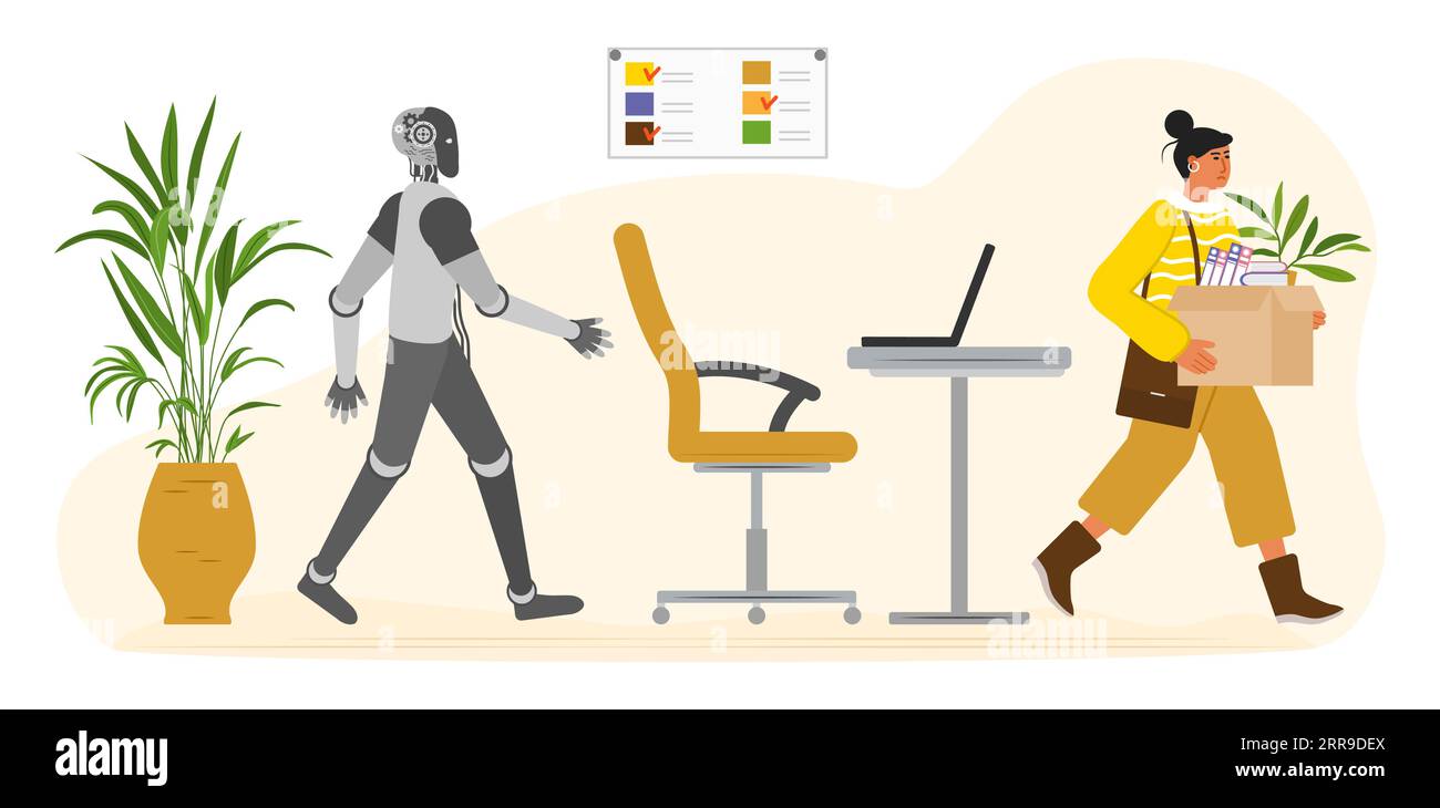 Smart AI robot took workplace, sad fired girl hold box. Unemployment ...