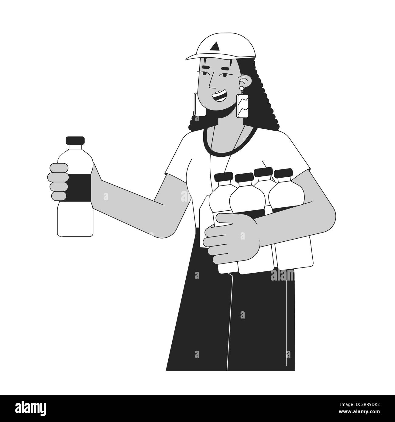 Volunteer giving water flat line black white vector character Stock ...