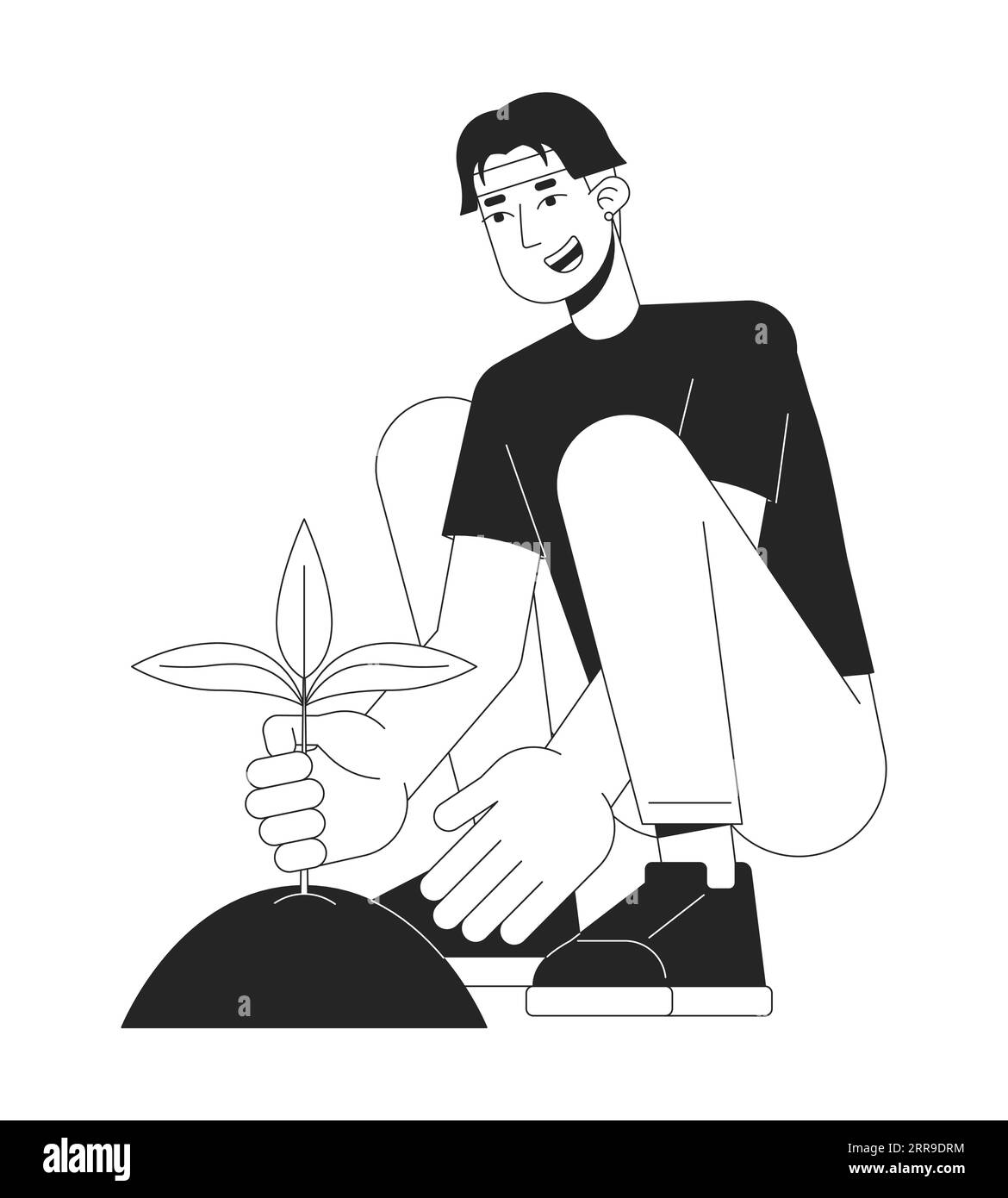 Asian man planting plant in soil flat line black white vector character ...