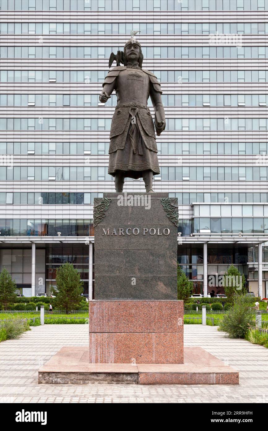 Ulan Bator, Mongolia - July 31 2018: Statue of Marco Polo in front of ...