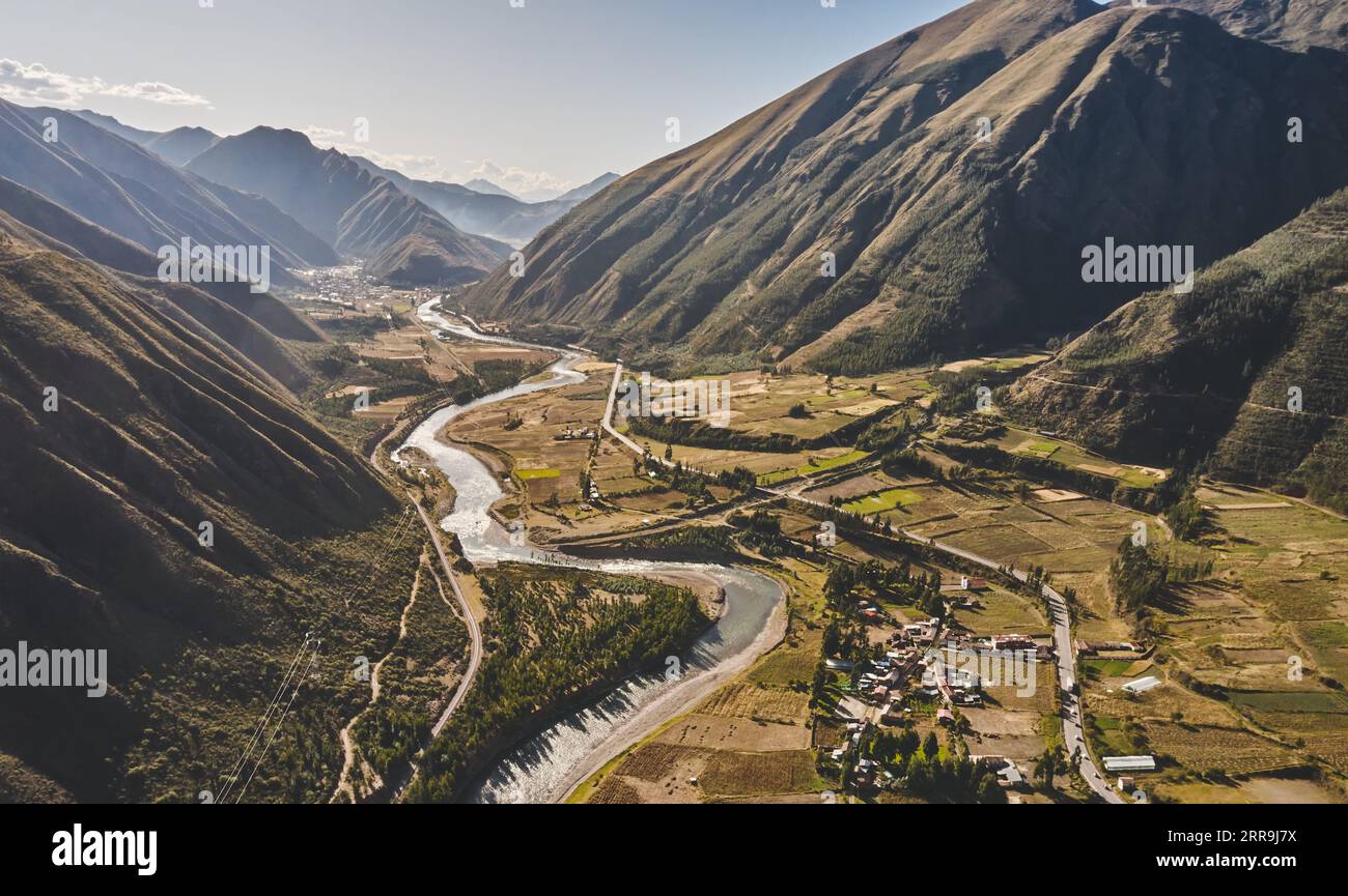 Aerial Landscape panoramic view to Urubamba river and sacred valley ...