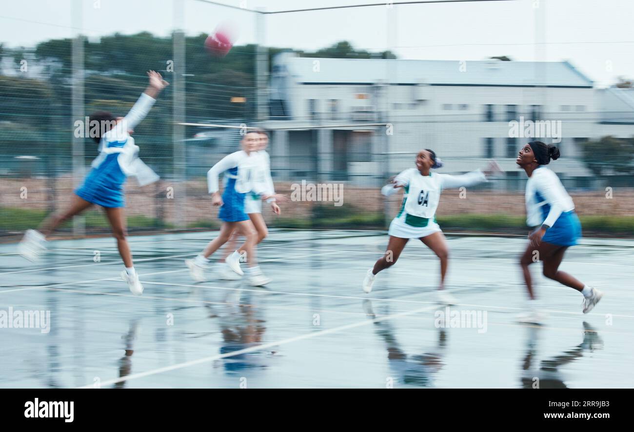 Sports, netball team player and women running, cardio or challenge for ...