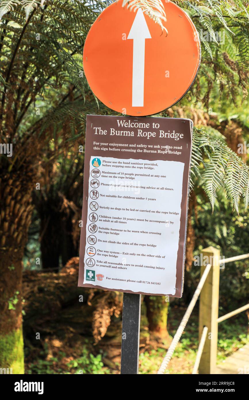 A sign for The Burma Rope Bridge at The Lost Gardens of Heligan ...