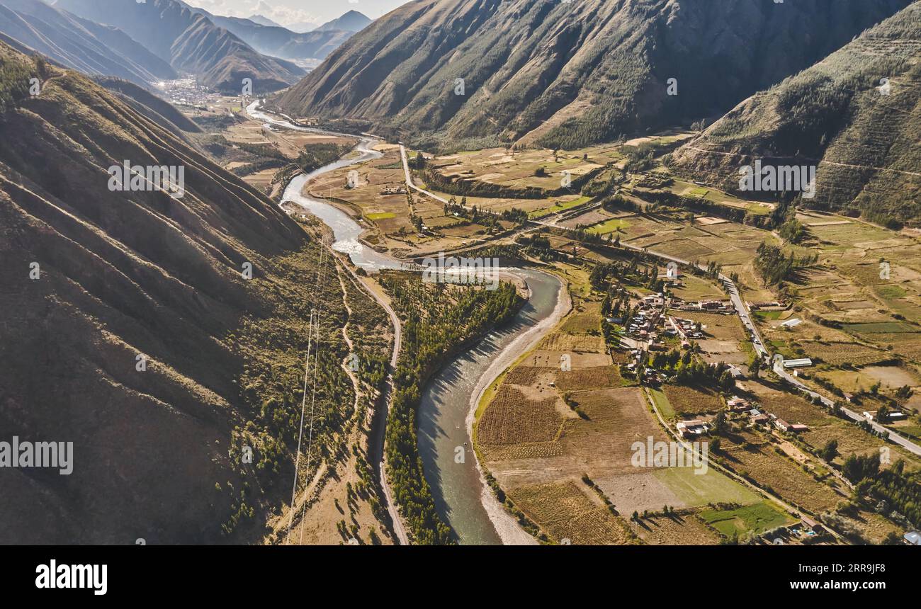 Aerial Landscape panoramic view to Urubamba river and sacred valley ...
